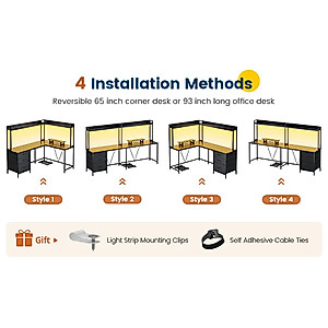 UPOSOJA L Shaped Gaming Desk with Shelves, Reversible Computer Desk with Power Outlet & LED Lights, Home Office Desks Writing Desk with 3 Drawers Monitor Stand Storage Hutch(Black)