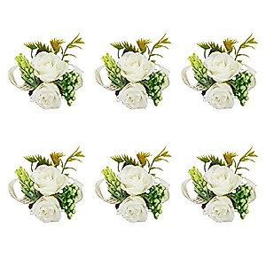 Meldel Ivory Rose Wrist Corsage Wristlet Band for Girls Women Bride Bridesmaid, Set of 6, White Hand Flower Wedding Artificial Flowers Accessories for Prom Party