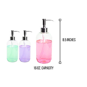 Clear Soap Dispenser with Rust Proof Pump, (3 Pack, 16 Oz) Plastic Hand Soap Bottles for Bathroom & Kitchen, Refillable for Liquid Dish Soaps, Hand Soaps & Lotion