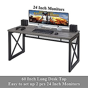 BON AUGURE Industrial Computer Desk, Rustic Wood Desk for Home Office, Sturdy Metal Writing Work Desk (60 Inch, Dark Grey Oak)