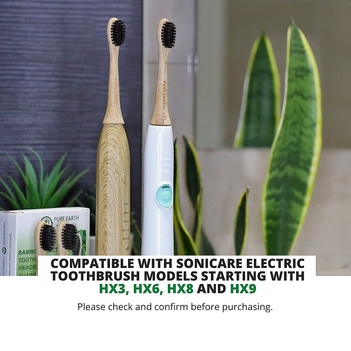 Bamboo Electric Toothbrush Replacement Heads - Compatible with Philips Sonicare Toothbrush - Soft Bristle Natural Charcoal Toothbrush Heads Refill - (Pack of 4) by Pure Earth Essentials