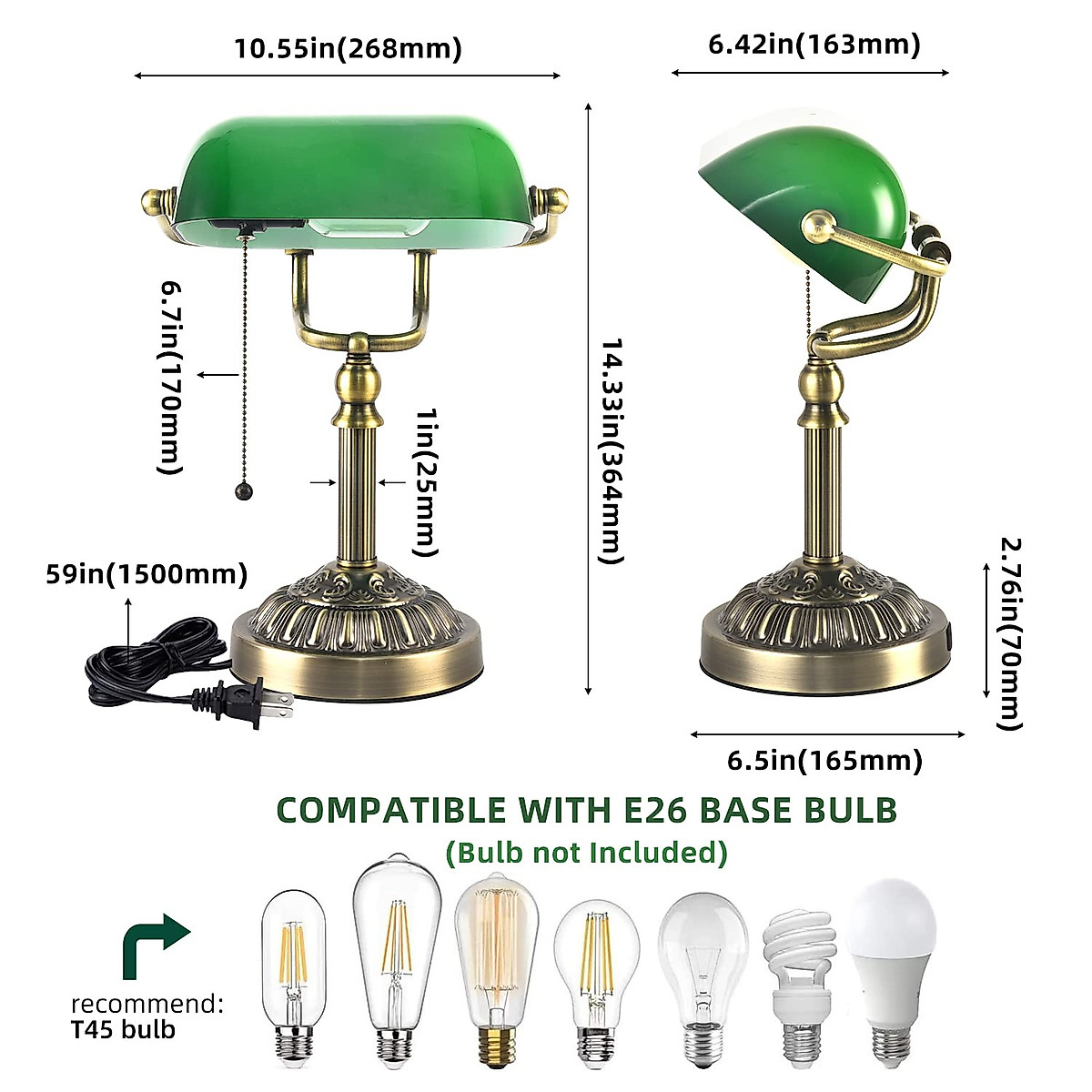 Rizzyluz Green Glass Bankers Desk Lamp, Vintage Desk Lamp with USB Charging Port, Traditional Farmhouse Table Lamp, Mid Century Desk Lamp Pull Chain for Home Office Library