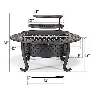 PAPABABE 42 Inch Outdoor Fire Pit with 2 Grill, Wood Burning Firepit for Outside with Lid/Fire Poker, Extra Large Heavy Duty Metal Round Table for Patio Backyard Garden Camping Bonfire