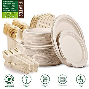 Paper Plates Heavy Duty,Paper Plates Set,Dinner Plates Set,Sugarcane Disposable Paper Plates Set Eco,9 Inch and 7 Inch Party Plates,Forks,Knives and Spoons Set for 50 People [250 PCS]