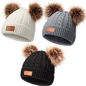 Geyoga Kids Toddler Winter Pompom Hat Baby Knitted Beanie Hat Faux Fur Pom Beanie Cap for Girls Boys 1-3 Years Old(Gray,White,Black,M)