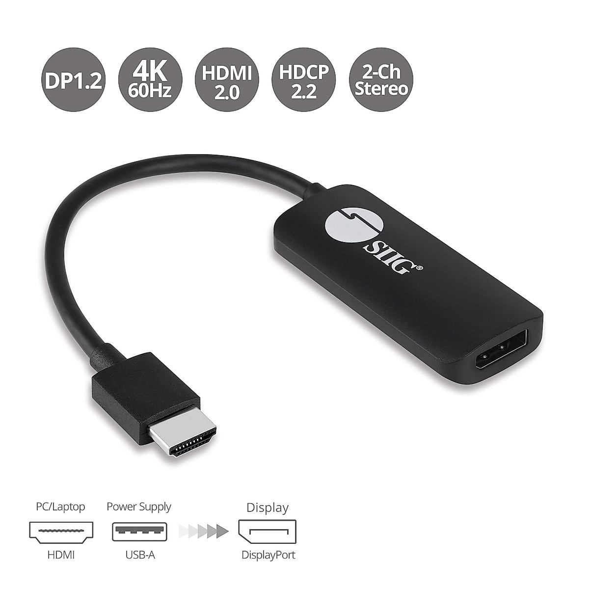 SIIG HDMI 2.0 to DisplayPort 1.2 4K@60Hz Converter Adapter, HDCP 2.2, Stereo Audio, USB-Powered, Not Compatible with Apple Studio Display (CB-H21811-S1)