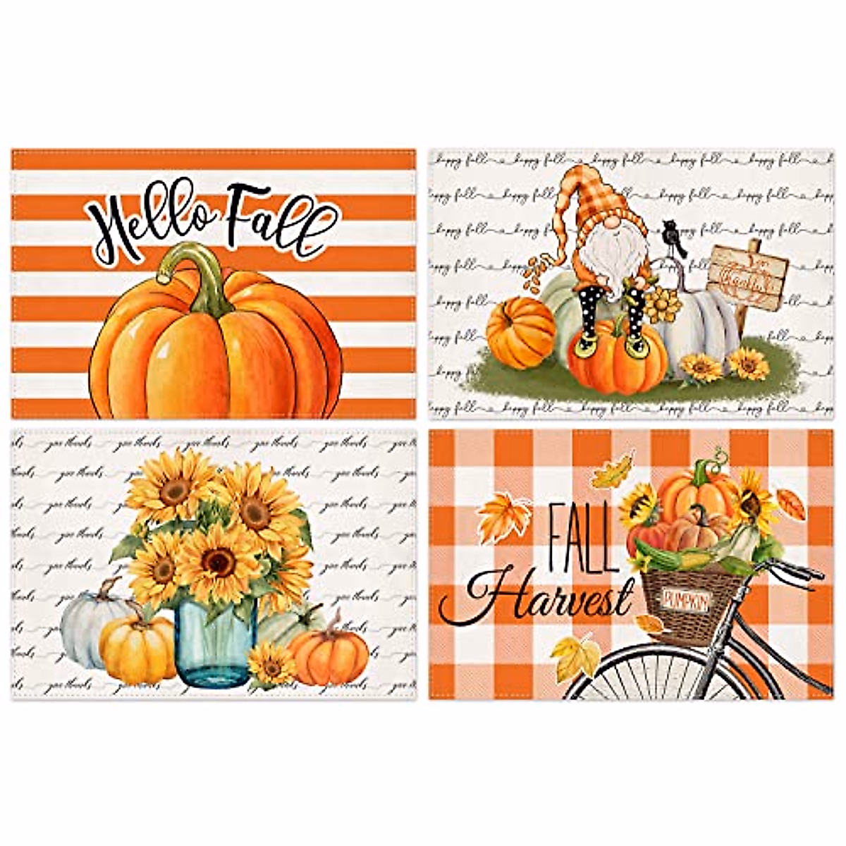 Fall Pumpkin Gnomes Placemats for Dining Table, 12 x 18 Inch Autumn Sunflower Bicycle Thanksgiving Seasonal Holiday Decoration Rustic Washable Table Mats Set of 4