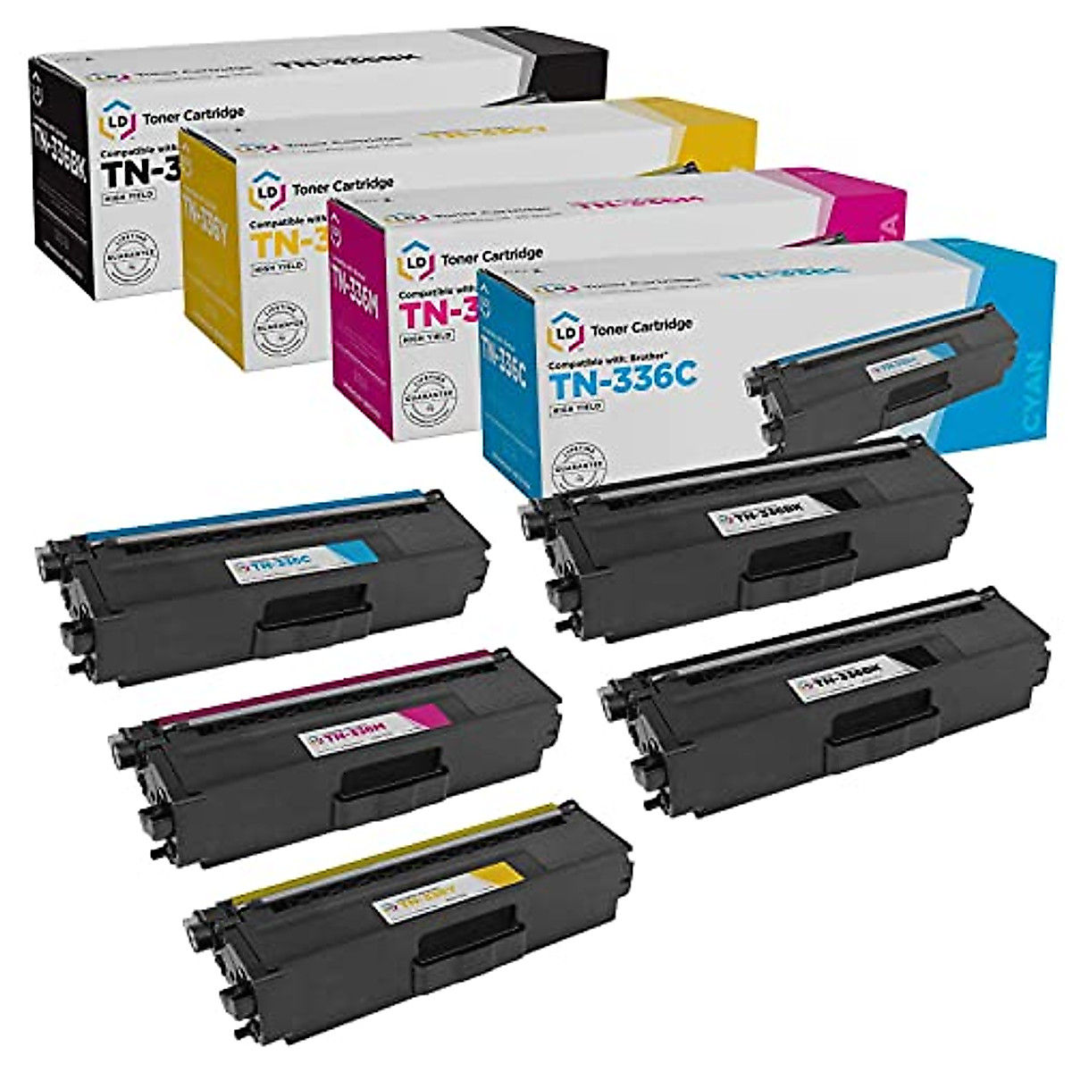 LD Products Compatible Brother TN336 Set of 5 High Yield Laser Toner Cartridges Includes: 2 TN336BK Black, 1 TN336C Cyan, 1 TN336M Magenta, and 1 TN336Y Yellow