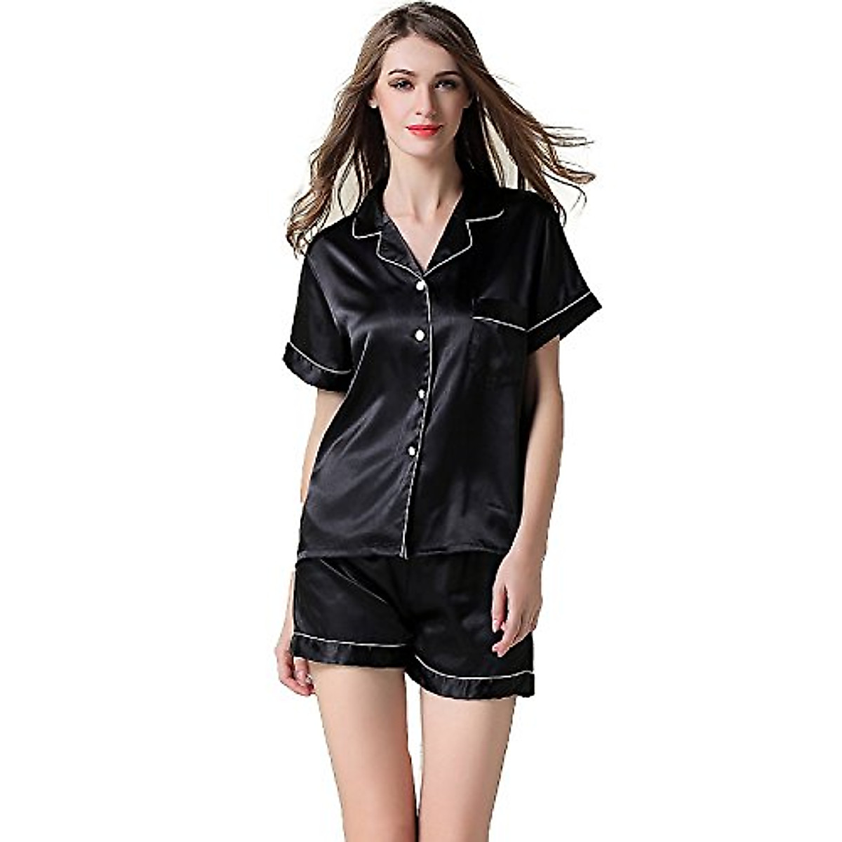 NANJUN Womens Silk Satin Pajamas Short Sleeve Sleepwear Bride Soft Button Down Loungewear 2 Piece Pjs Set XS-3XL(black,l0)