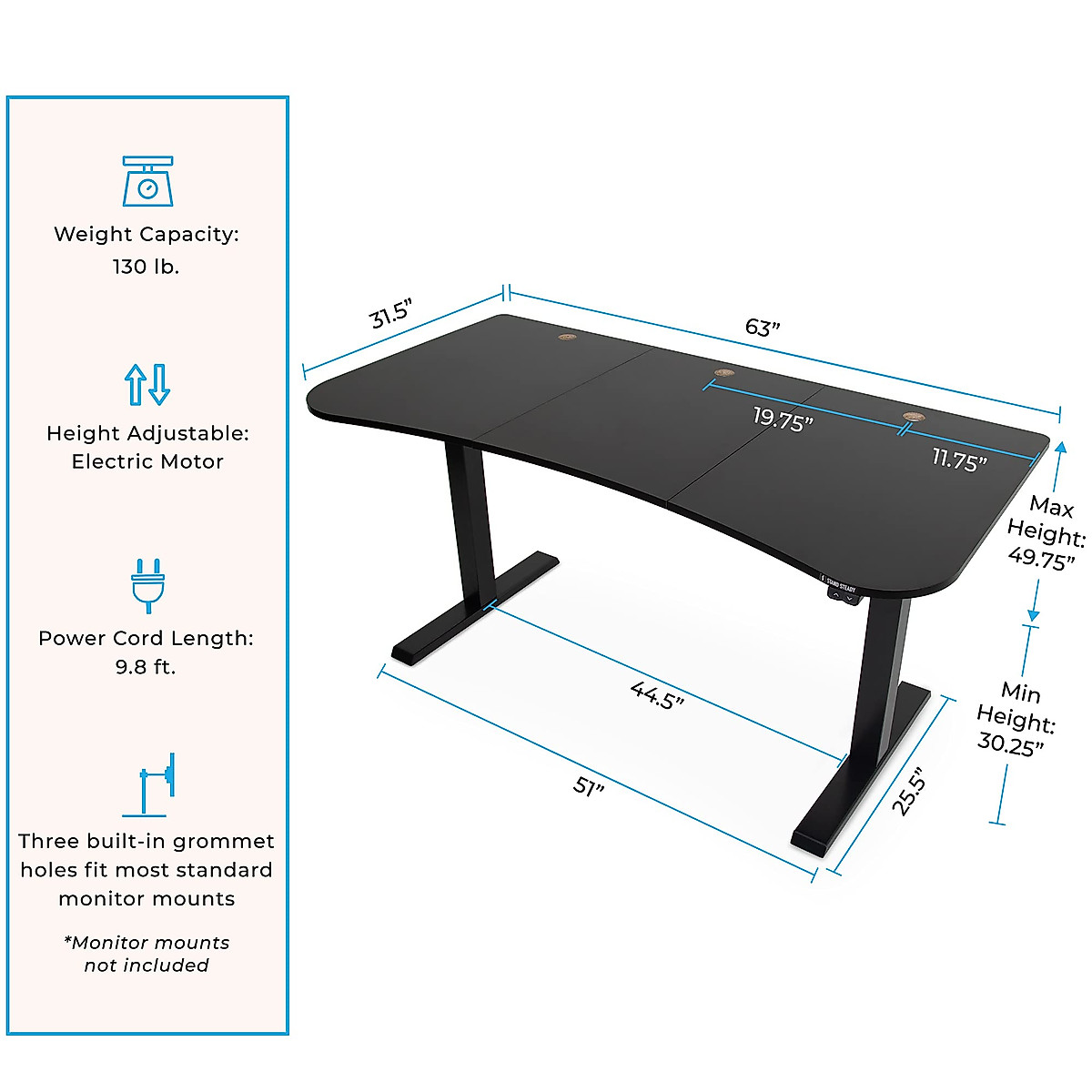 Stand Steady Tranzendesk Power | 63in Electric Gaming Desk | Extra Large Height Adjustable Electric Standing Desk | Ergonomic Computer Desk with 3 Monitor Mount Grommet Holes & Full Size Mouse Pad