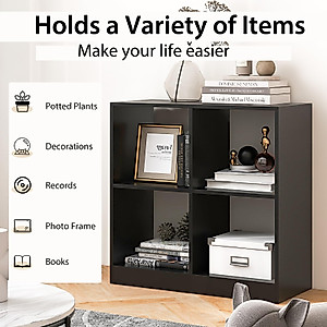 Giantex 4-Cube Bookcase Black - 2-Tier Freestanding Open Bookshelf with Anti-Toppling Device, Wooden Decorative Storage Organizer, Modern Floor Display Shelf for Kid's Room Study Bedroom Living Room