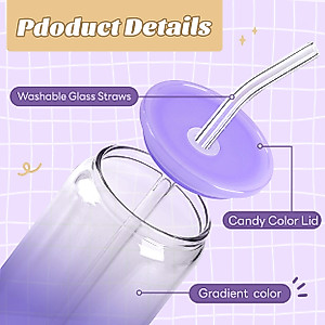 Joyclub 16oz Glass Cups with Acrylic Lids and Straws 8 Set Can Shaped Glass Iced Coffee Cups with Lids, Gradient Drinking Glasses Cute Tumbler Cup Great for Smoothie Soda Boba Tea Cocktail Beer Gift