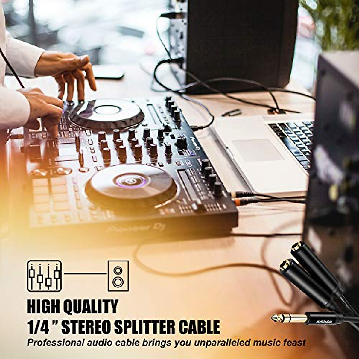 HOSONGIN 1/4 inch TRS Stereo Splitter Y Cable 1.6Ft, 1/4 Inch 6.35mm Stereo Male Plug to Dual 1/4 Inch 6.35mm Female Jack, Black Aluminum Alloy Shell Gold Plated Plug Socket