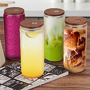 20 OZ Glass Cups with Acacia Lids and Glass Straws - 4pcs Set Beer Can Shaped Drinking Glasses, Iced Coffee Glasses, Cute Tumbler Cup for Smoothies, Juices, Boba Tea, Water - Cleaning Brush Included