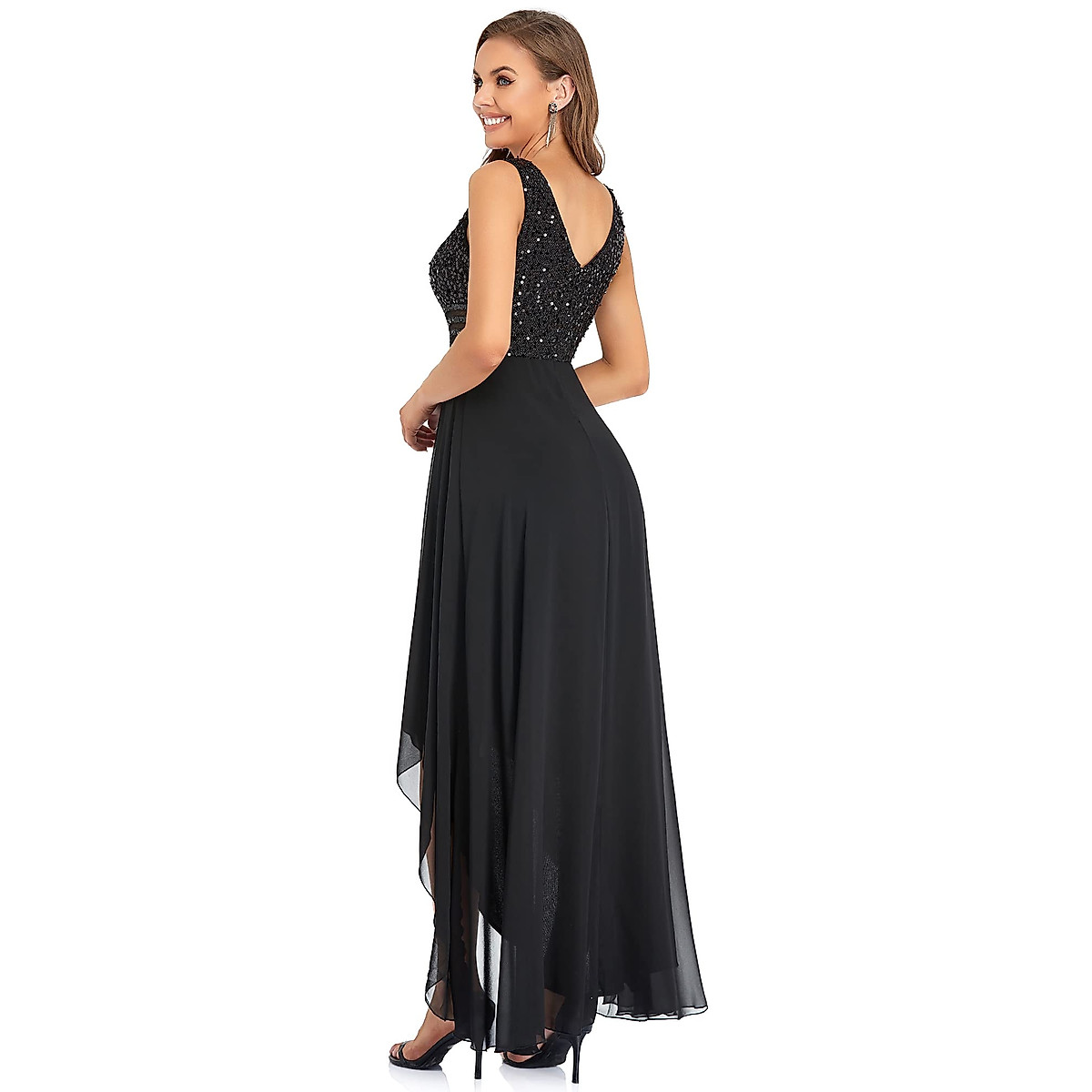 Ever-Pretty Women's A-Line High Low Sequin Chiffon Floor Length Prom Gowns Black US8