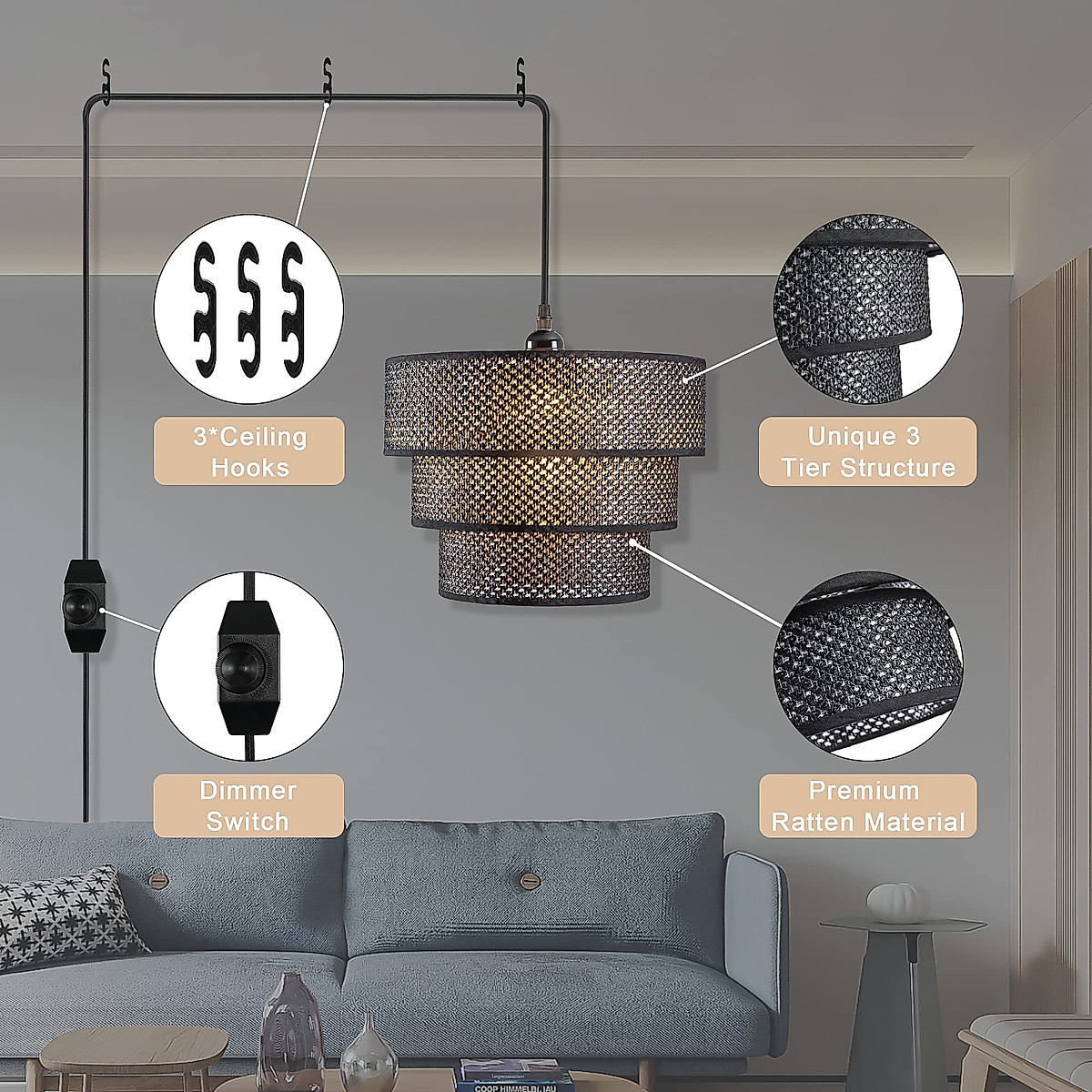 Mateyrie Plug in Pendant Light, Hanging Lamp with Dimmable Switch, Pendant Light Fixtures with 15 Ft Cord, Hanging Light with Black Rattan Shade for Bedroom, Kitchen, Living Room, Dining Table