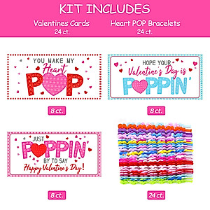 Valentines Day Gifts for Kids - 24 Pack Valentines Cards with Heart POP Bracelets - Sensory Fidget Toys Valentine for School Classroom Gift Exchange Party Favors Supplies for Toddlers Girls Boys