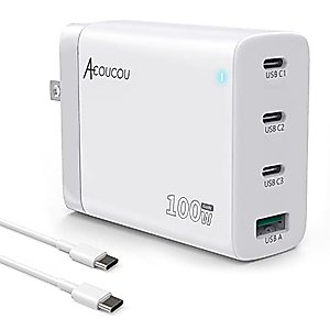 100W USB C Charger, GaN Charger 4 Port USB iphone Wall Charger Fast Charging Block Type C Power Adapter Compatible with MacBook Pro/Air USB C Laptop iPhone 14/13 iPad Pro Galaxy etc(5ft Type C Cable)