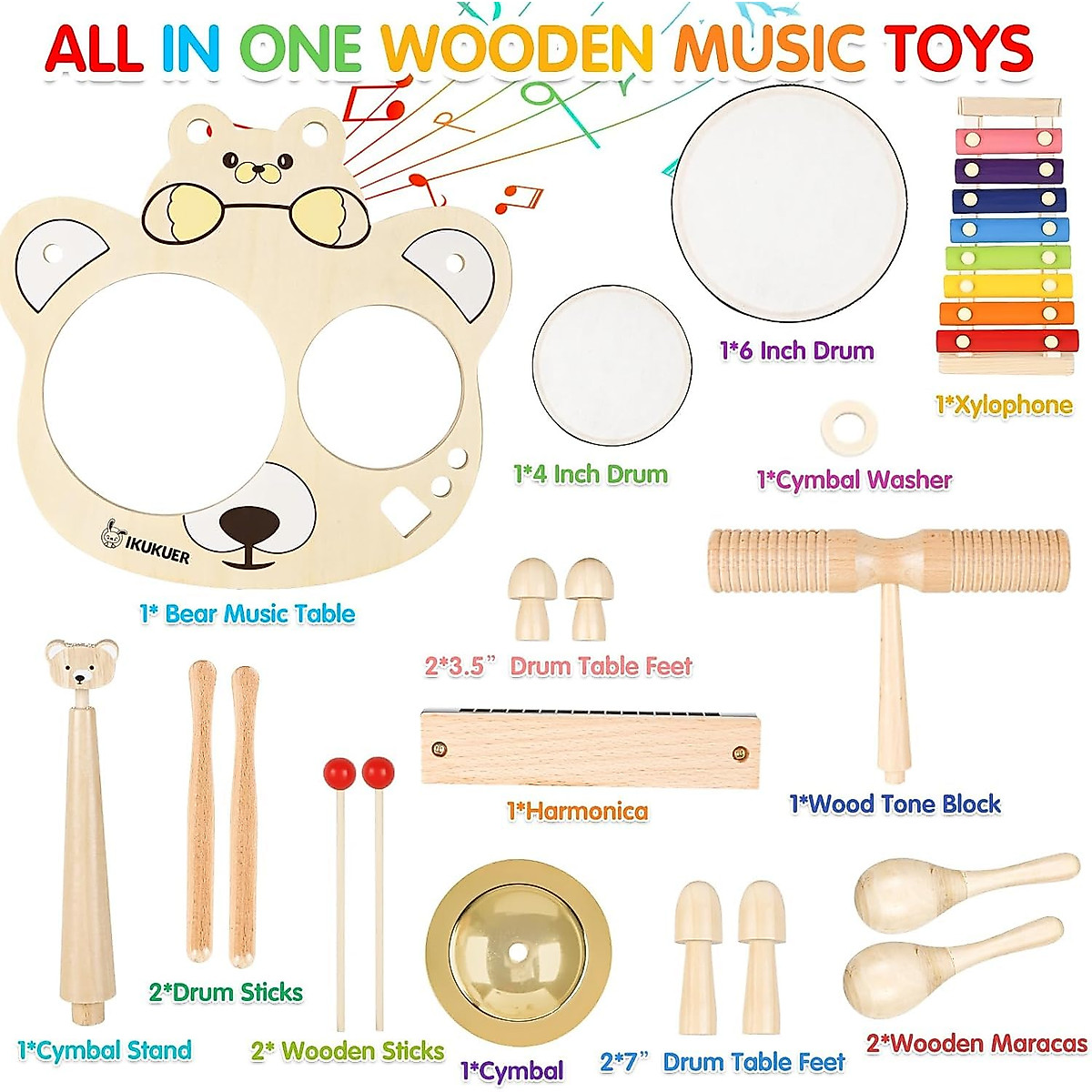 9 in 1 Kids Drum Set YOMESTE Toddlers Birthday Gift Wooden Xylophone Musical Instruments Kit,Montessori Musical Instruments Toys for Kids,Happy Gift ^_^ (Wooden Xylophone Drum Set)