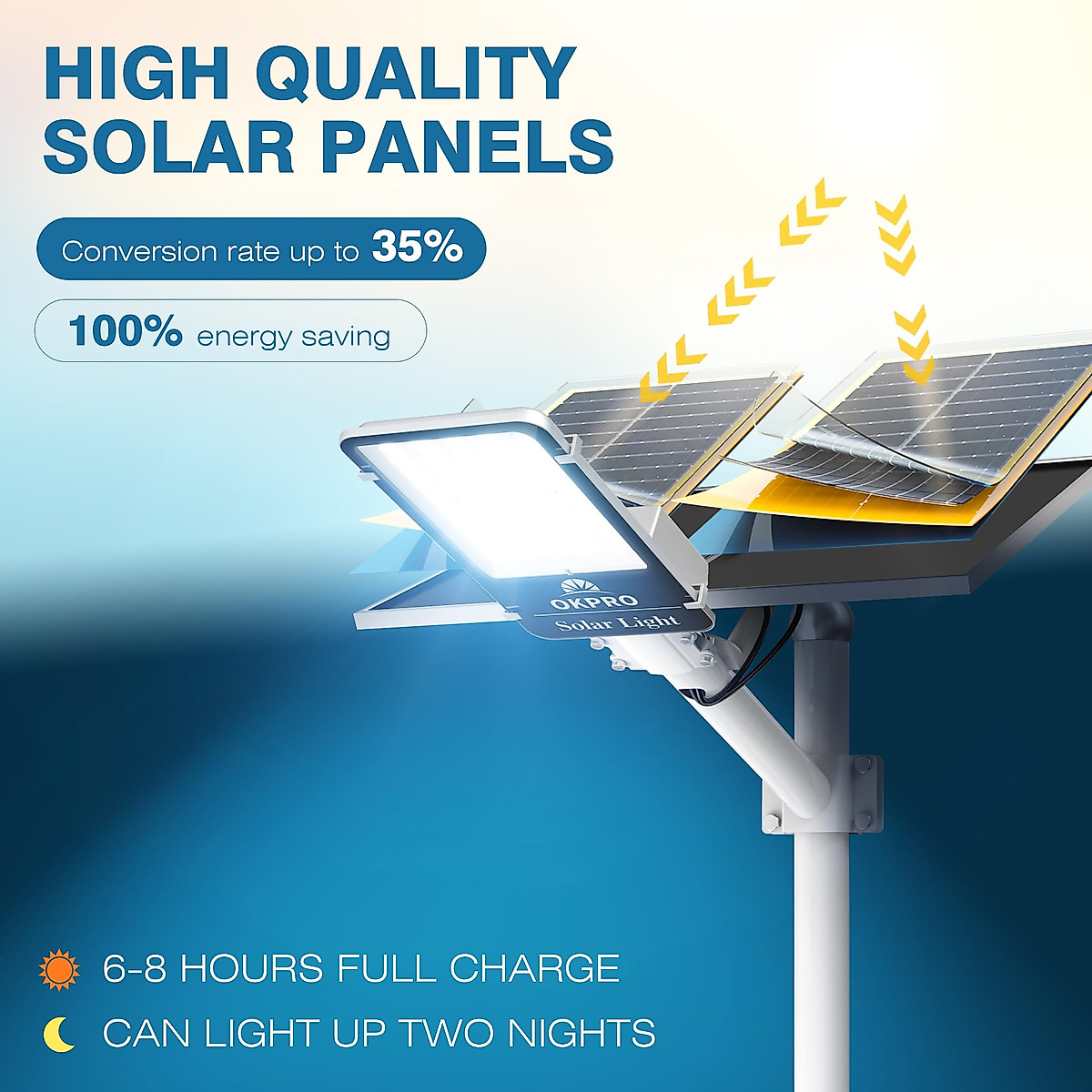 OKPRO 2PACK 8000W Solar Street Lights Outdoor, 7000K Solar Street Light Dusk to Dawn, Heavy Duty Outdoor Solar Lights, Wide Angle Solar Street Lights for Outside with Remote Control, IP66 Waterproof