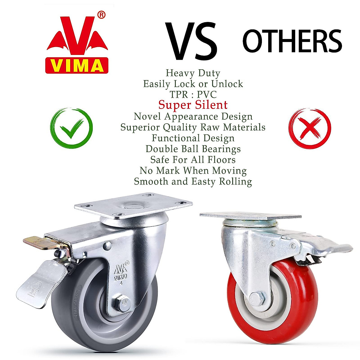 4 Inch Castets Set of 4 Heavy Duty Caster Wheels with Brake 2200Lbs Swivel TPR Rubber Wheel Silent Castor Locking Industrial Plate Casters Wheels for Cart Furniture Workbench, 4 Brake