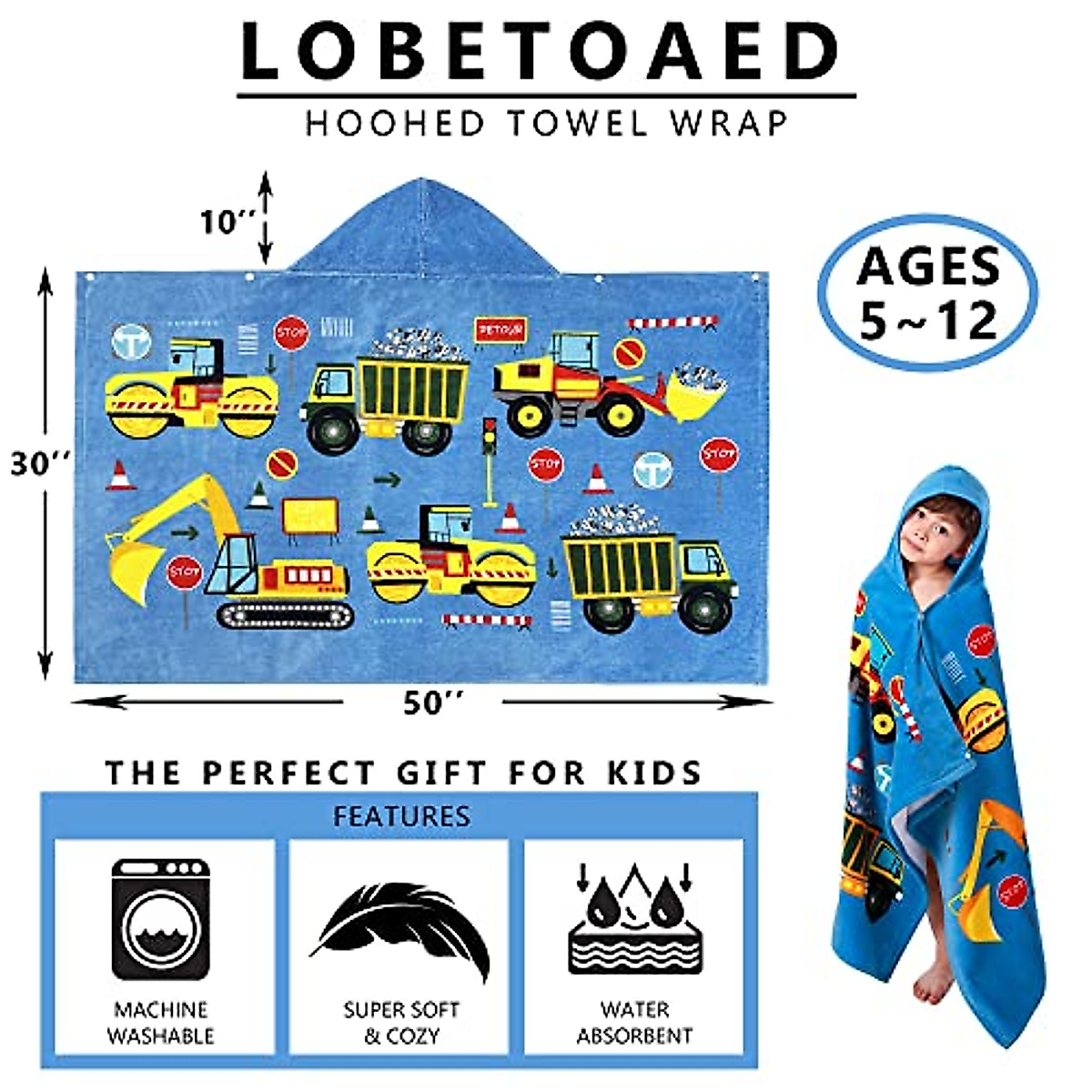 LOBETOAED Kids Hooded Beach Bath Towel,Baby Surf Poncho Toddlers Soft Real Cotton Wrap Changing Robe for Boy Girl Shower/Beach/Pool Child Cover ups 50"x30" Large Towel Wrap,Engineering Vehicle Pattern