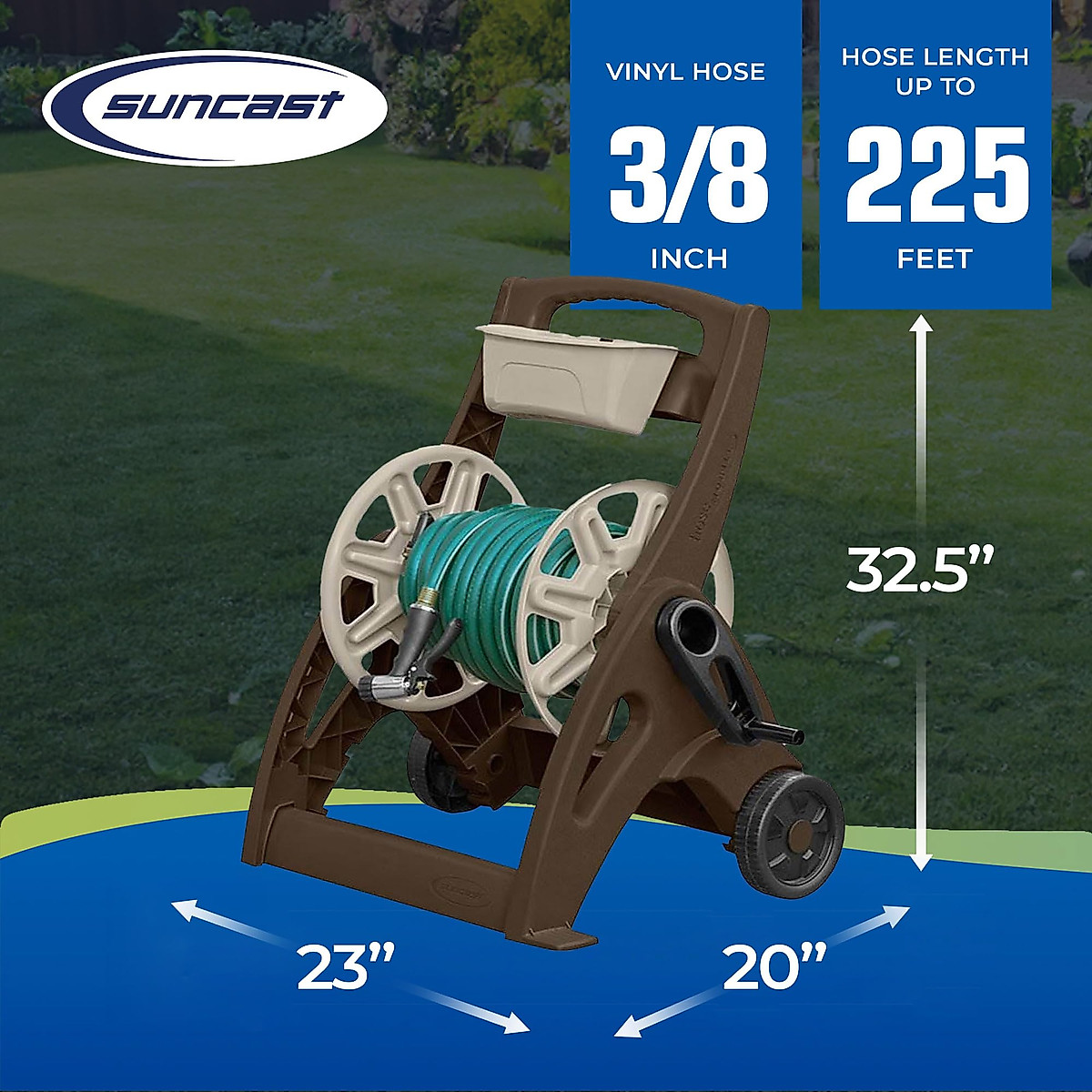 Suncast Hosemobile Portable Garden Hose Reel Cart with Wheels, Crank Handle, and Storage Tray for Gardening Accessories, 225' Hose Capacity, Mocha