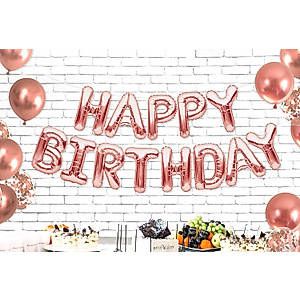 PartyForever Rose Gold Happy Birthday Balloons 16inch Letters Banner for 21st, 30th, 40th, 50th or 60th Birthday Birthday Party Decorations and Supplies for Girls and Women