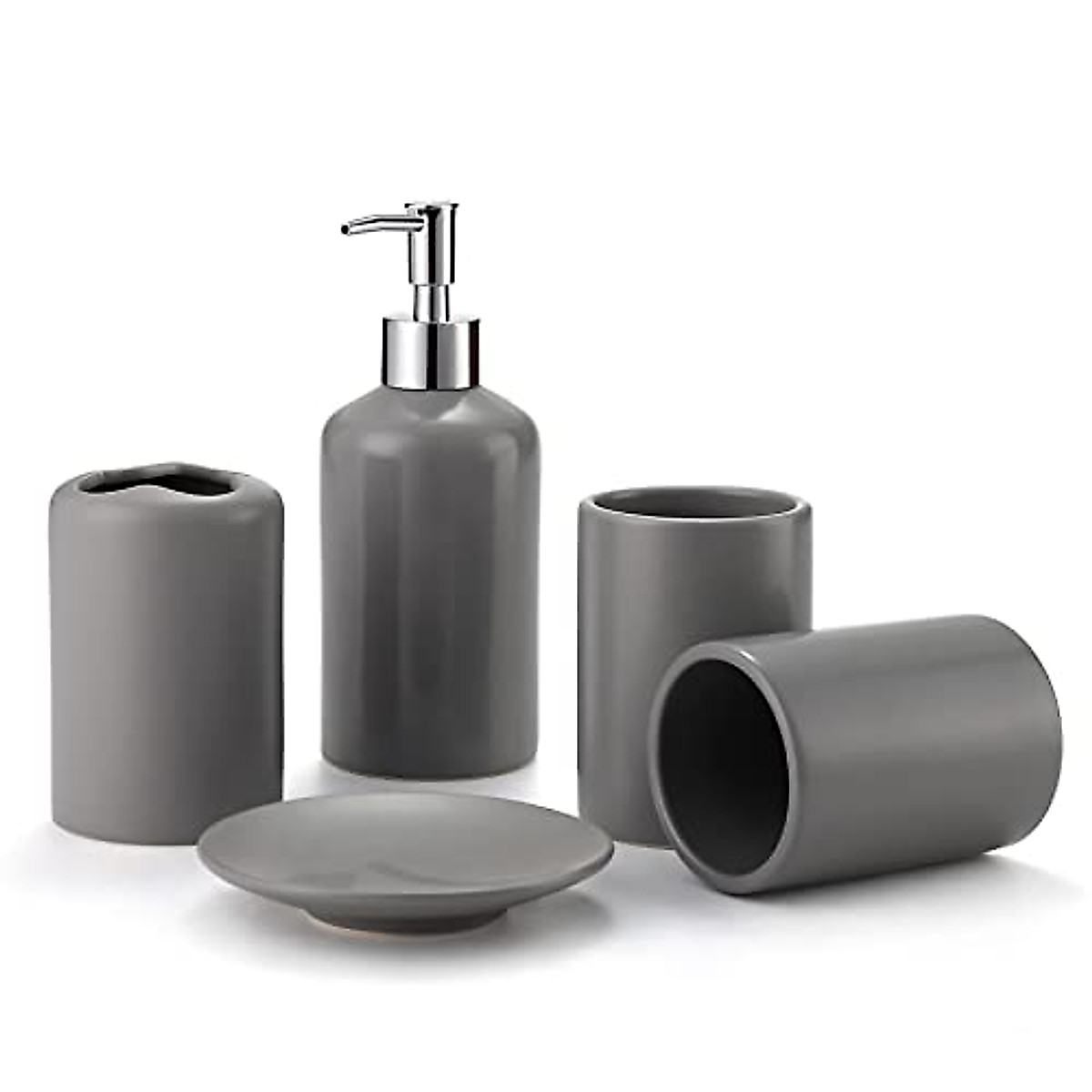 Ceramic Bathroom Accessories Set 5 Pieces, Grey Bathroom Accessory Set Complete, Lotion Dispenser Toothbrush Holder 2 Tumblers Soap Dish Classic Grey Matte for Bath Countertop Organizer Decor, SAIURE