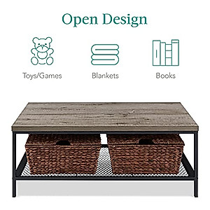Best Choice Products 44in Modern Coffee Table, Large 2-Tier Industrial Rectangular Wood Grain Top Coffee Table, Accent Furniture for Living Room w/Mesh Shelf, Metal Frame - Gray