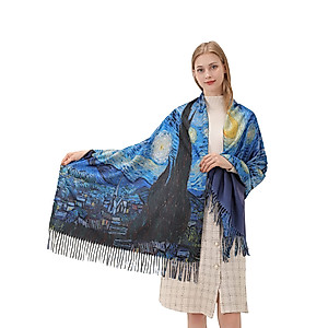 Cutewing Van Gogh Scarf Pashmina Shawl Wraps for Women Blue Cashmere Scarfs Fashion Boho Tassel Scarves Large Blanket Scarf Warm for Fall Winter