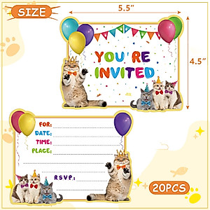 GOGOPARTY 20 Pcs Cat Birthday Invitations, Kitten Party Invitations Cute Animal Birthday Party Invitation Cards With Sticker Labels 20 Envelope Birthday Invitations for Birthday Party Supplies