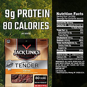 Jack Link’s Extra Tender Beef Jerky Steak Strips, Teriyaki, 2.85 oz – Flavorful Meat Snack, 9g of Protein and 80 Calories, Made with Premium Beef - Gluten Free and No Added MSG or Nitrates/Nitrites