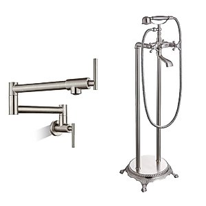 Cinwiny Pot Filler Wall Mount Kitchen Restaurant Sink Faucet Stainless Steel Stretchable Commercial with Brushed Nickel Free standing Bathtub Faucet Floor Mount Tub Filler Double Cross Knobs