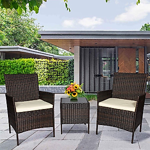3PCS Outdoor Patio Furniture Set PE Wicker Rattan Chairs and Table Sofa Seats Conversation Set with Washable Cushion (Brown Beige)