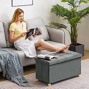 YOUDENOVA 30 Inches Folding Storage Ottoman Bench, Velvet Storage Chest, Footrest Couch with Wooden Legs, Support 350lbs for Bedroom, Living Room, Hallway, Grey