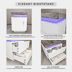 LED Nightstand with Charging Station - Solid Wood LED Bedside Tables End Side Table with 2 USB Ports and 2 AC Outlets - Easy Assembly Modern Night Stands for Bedroom with 2 Sliding Drawers - White