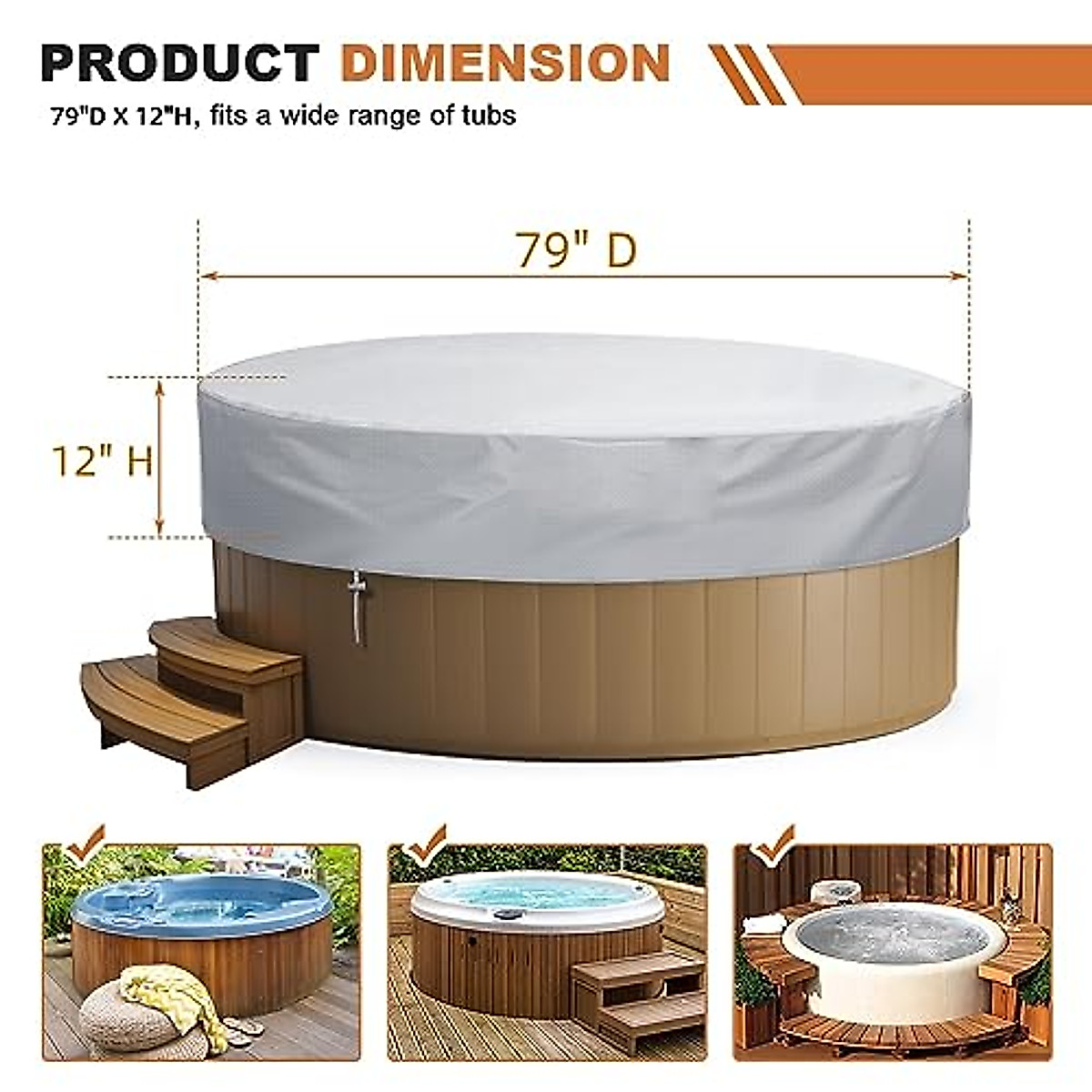skyfiree Round Hot Tub Cover Swimming Pool Dust Cover Waterproof Outdoor Spa Covers for Bathtub/Salu/Bubble Message Spa,79&quot; Dx12 H,Gray
