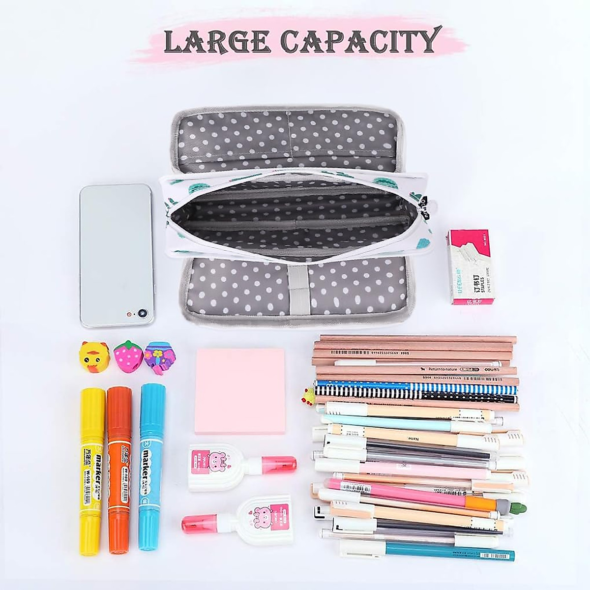 Oyachic Large Pencil Case Big Capacity Pencil Pouch 3 Compartments Pen Bag Canvas Pen Holder Box Zipper Cosmetic Makeup Bag Storage Organizer Stationary Bag for Office Supplie