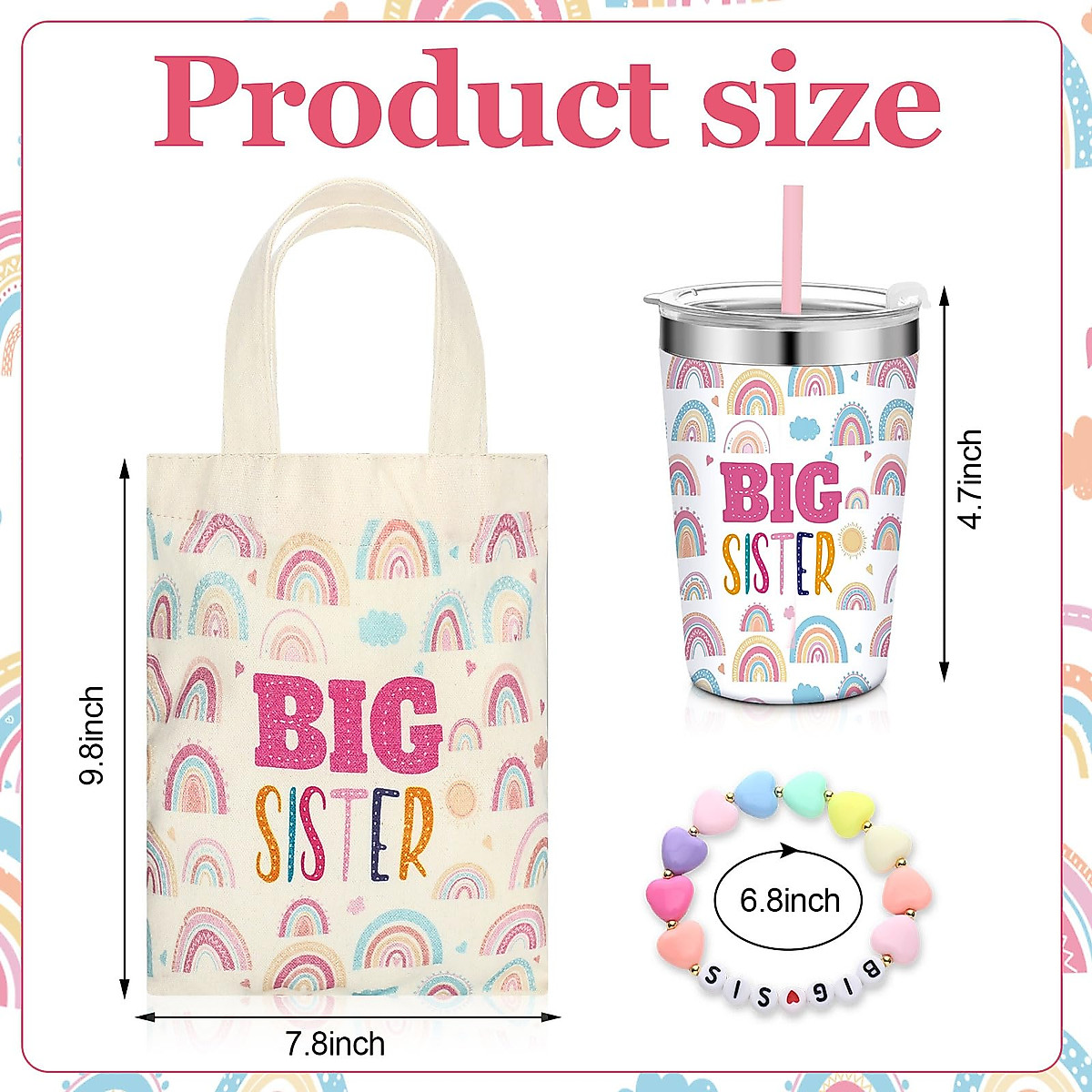 Shinylin 3 Pcs Big Sister Gift for Girls 12 oz Pink Big Sister Cup Stainless Steel Mug Vacuum Insulated Tumbler with Leak Proof Lid and Straw Big Sister Canvas Tote Bag and Bracelet for Little Girls