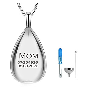 Personalized Engraved Teardrop Keepsake Ashes Necklace Urn Pendant Cremation Memorial Jewelry for Women, Girls Her