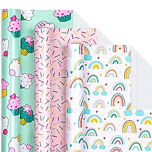 LeZakaa Mini Wrapping Paper Roll - Mini Roll - Cupcake/Rainbow/Colorful Stripe for Birthday - 17 x 120 inches - 3 Rolls (43.77 sq.ft.ttl.)