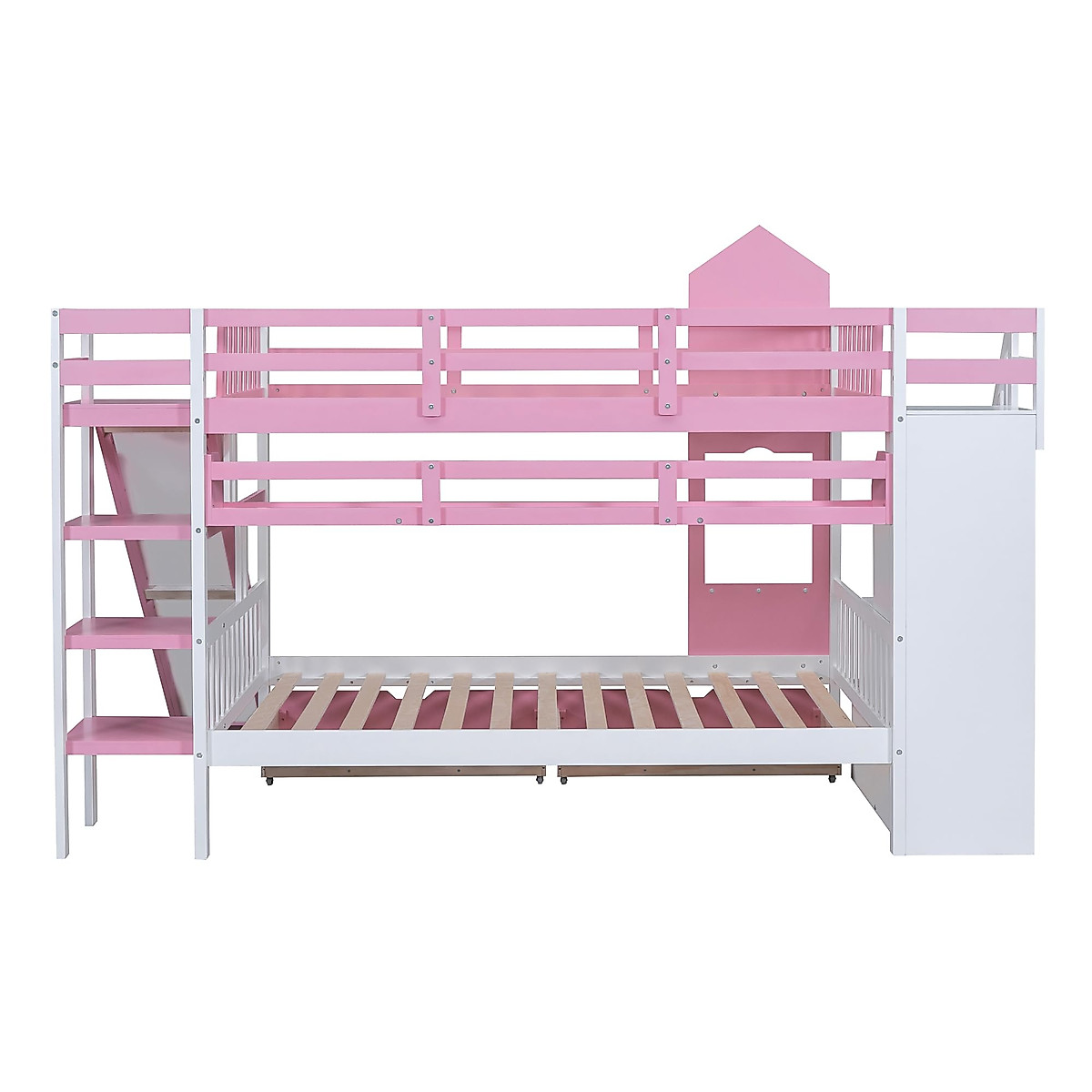 Harper & Bright Designs Full Over Full Bunk Bed with Stairs and Slide, Solid Wood Bunk Bed Frame with Storage Drawers and Bookshelf, for Kids Teens Girls Boys (Pink)