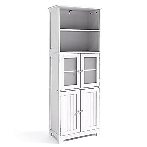 VINGLI 64" Tall Storage Cabinet Bathroom Linen Closet Storage Tower White Organizer Home Decor with 2 Open Shelves 2 Cabinets Glass Doors for Kitchen Living Room Bedroom Laundry Room Entryway Office