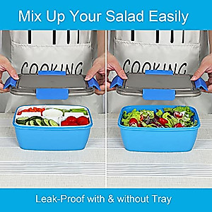 Caperci Salad Lunch Container with 68 oz Salad Bowl - Large Adult Bento Lunch Box, 5-Compartment Bento-Style Tray for Toppings, 2pcs 3-oz Sauce Cups for Dressings, Stackable, BPA-Free (Blue)