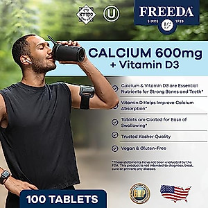 Freeda Calcium 600 mg Vitamin D3 400 IU Tablets - Bone Support Calcium Supplement plus Vitamin D for Absorption - Kosher, Gluten Free Easy To Swallow Coated Calcium D3 Tablets for Women & Men (100 Ct)