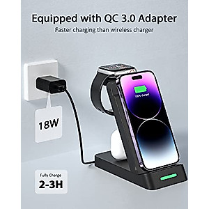 Charging Station for Multiple Devices Apple, 3 in 1 Fast Wireless Charger Dock Stand for iPhone 14 Pro Max/13/12/11/X/8 Plus, Apple Watch Series Ultra/8/7/6/SE/5/4/3/2 and Airpods with Adapter