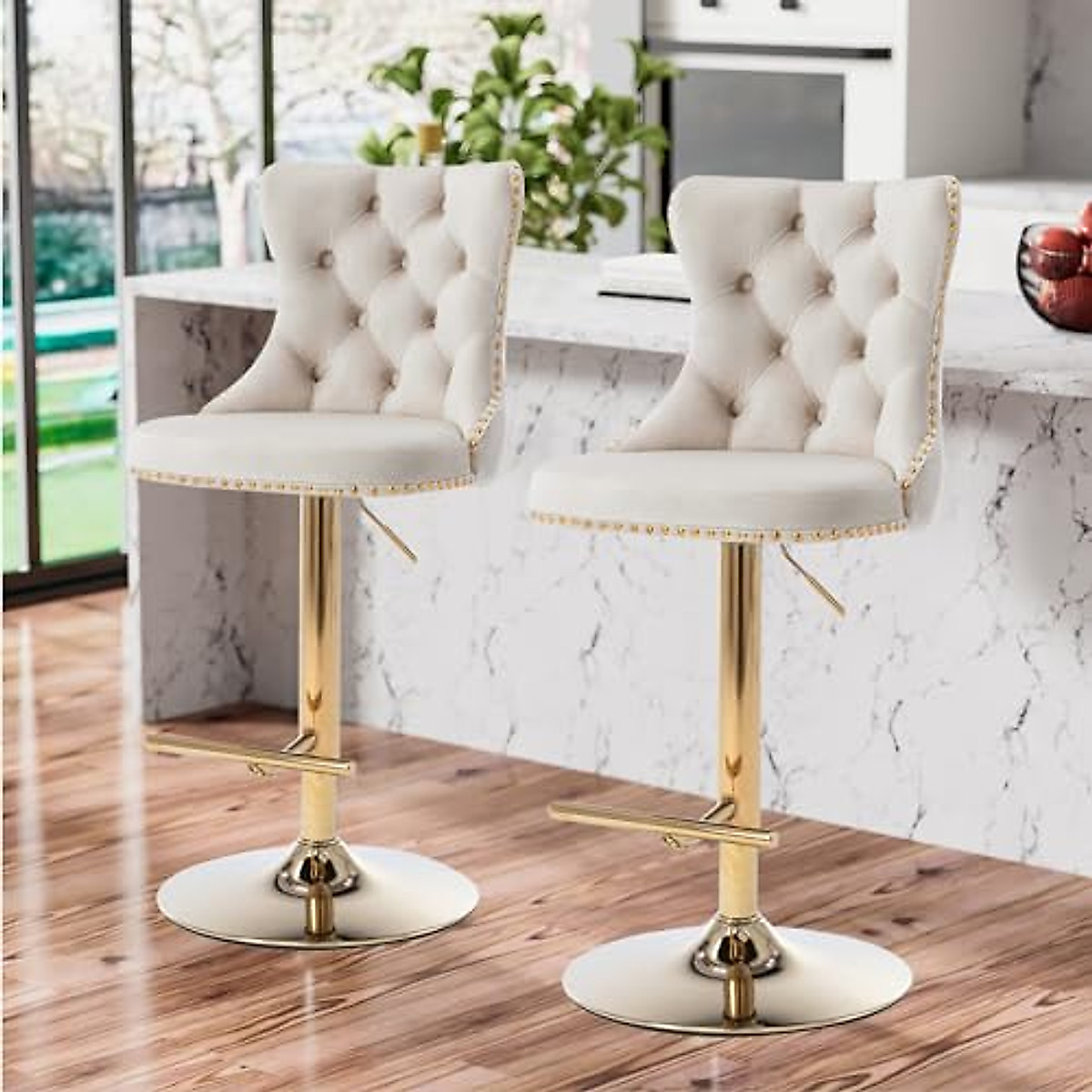 Aoowow Swivel Bar Stools Set of 2,Adjustable Barstools with Back Velvet Tufted Counter Stool Modern Upholstered Bar Chairs with Nailhead for Kitchen Island Restaurant Pub Counter (Beige-Gold)