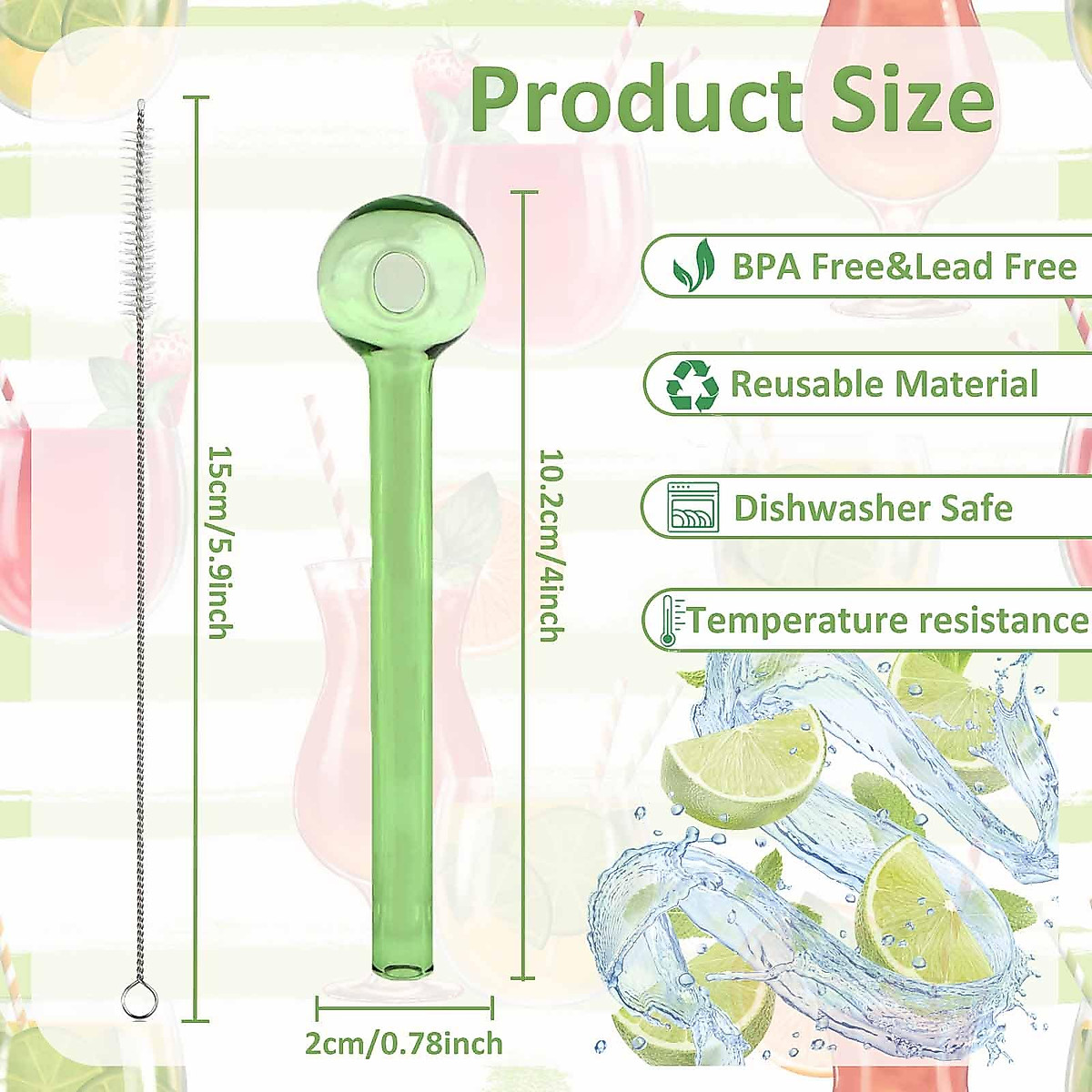 TMXAOK 8 Pieces Glass Straws, 4inch Glass Straws Shatter Resistant with Cleaning Brush, Bar Drinking Glass Swizzle, Glass Stirrers for Cocktail, Smoothies, Coffee, Juice(B-style)