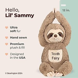 Bearington 12 inch Tooth Fairy Door Hanger Stuffed Animal, Lil' Sammy Sloth Tooth Holder, Tooth Fairy Doll with Tooth Pocket Pouch